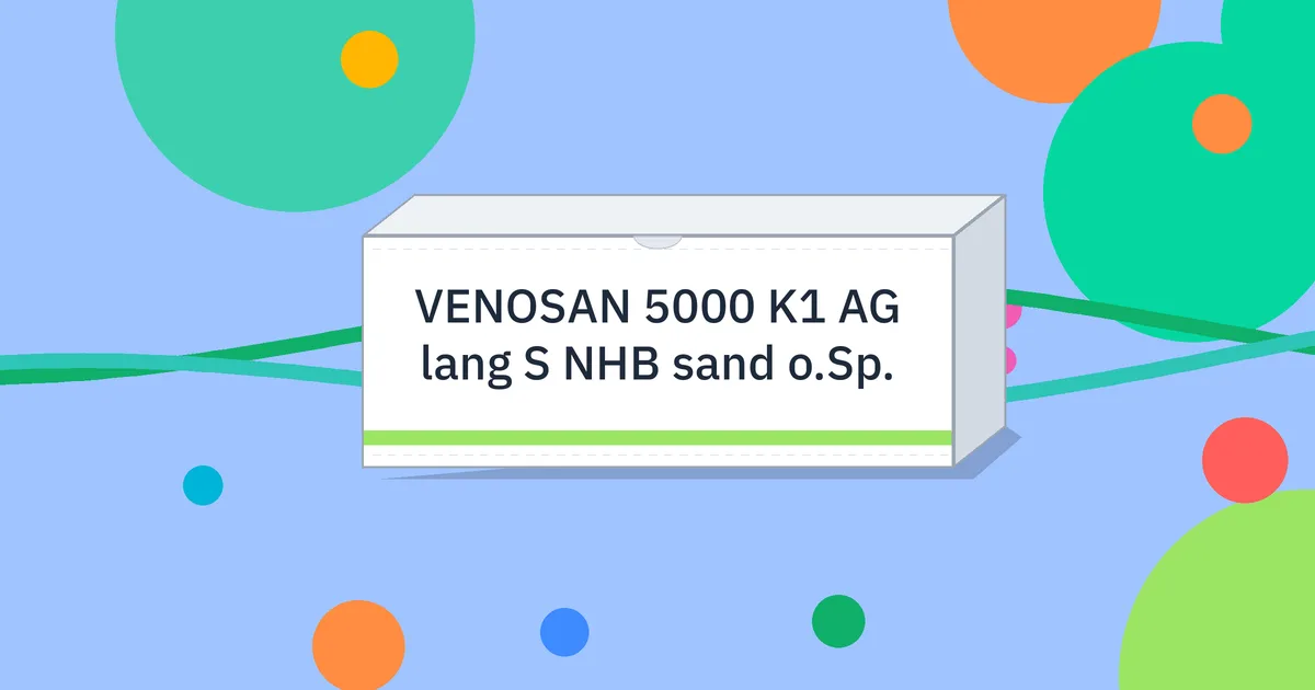 Symbolbild: Packung mit der Aufschrift VENOSAN 5000 K1 AG lang S NHB sand o.Sp. (PZN 14428345) – Verfügbarkeit und Bezug in Apotheken in Frankfurt am Main