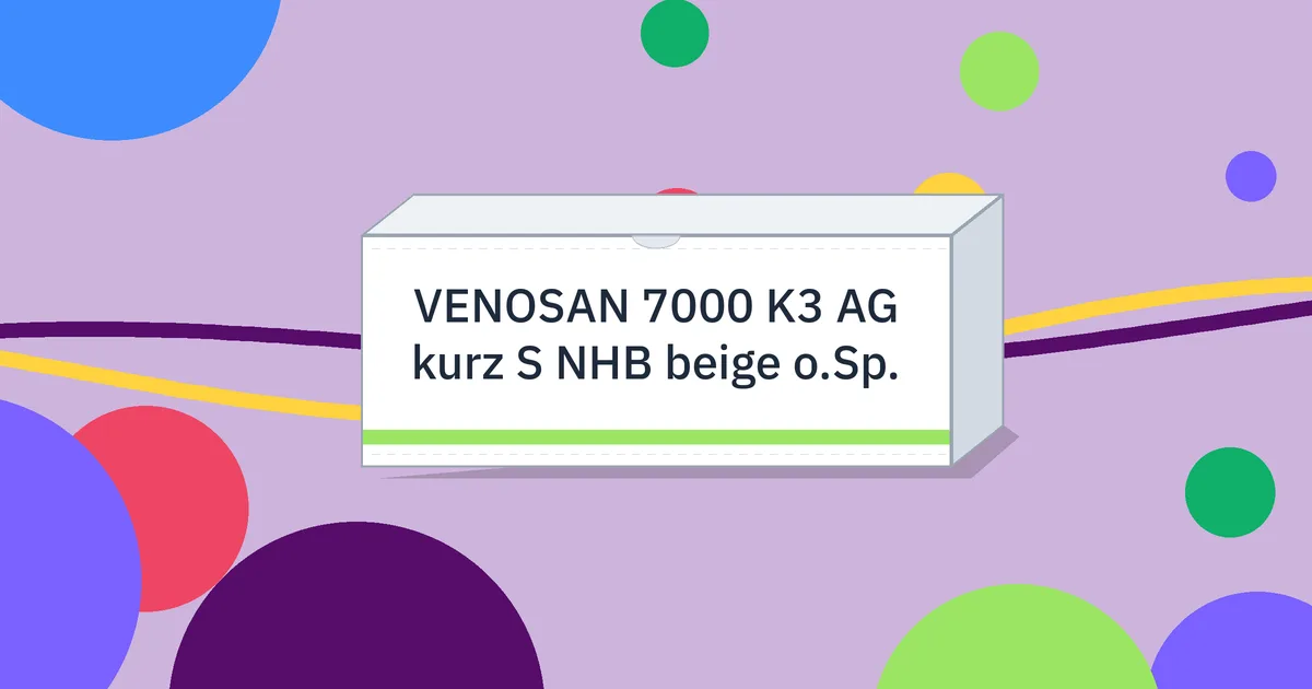 Symbolbild: Packung mit der Aufschrift VENOSAN 7000 K3 AG kurz S NHB beige o.Sp. (PZN 14435405) – Verfügbarkeit und Bezug in Apotheken in Frankfurt am Main