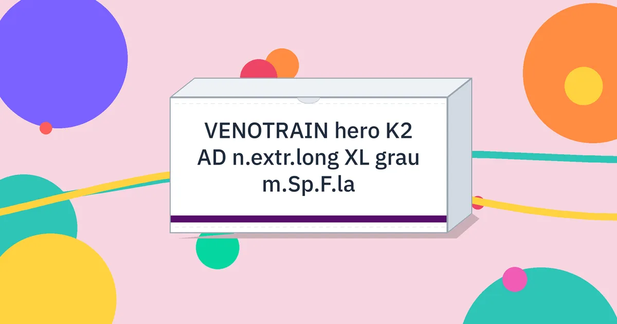 Symbolbild: Packung mit der Aufschrift VENOTRAIN hero K2 AD n.extr.long XL grau m.Sp.F.la (PZN 19190569) – Verfügbarkeit und Bezug in Apotheken in Frankfurt am Main