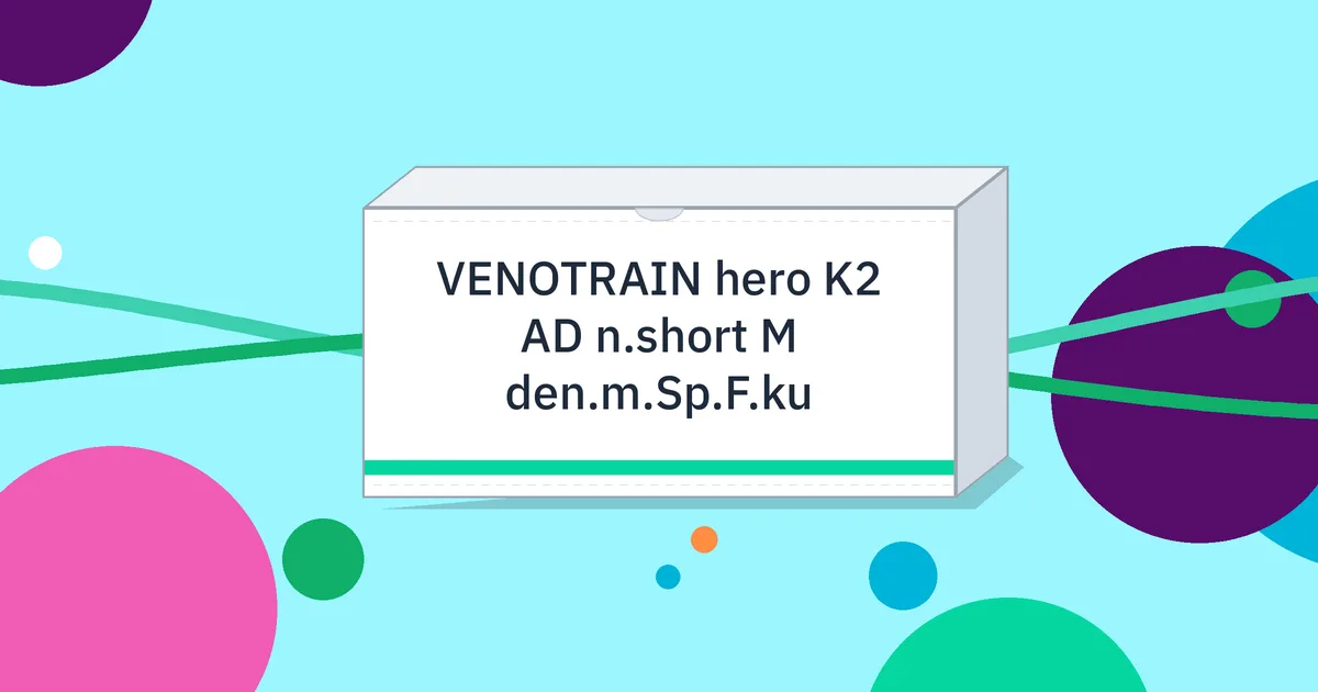 Symbolbild: Packung mit der Aufschrift VENOTRAIN hero K2 AD n.short M den.m.Sp.F.ku (PZN 19190718) – Verfügbarkeit und Bezug in Apotheken in Frankfurt am Main