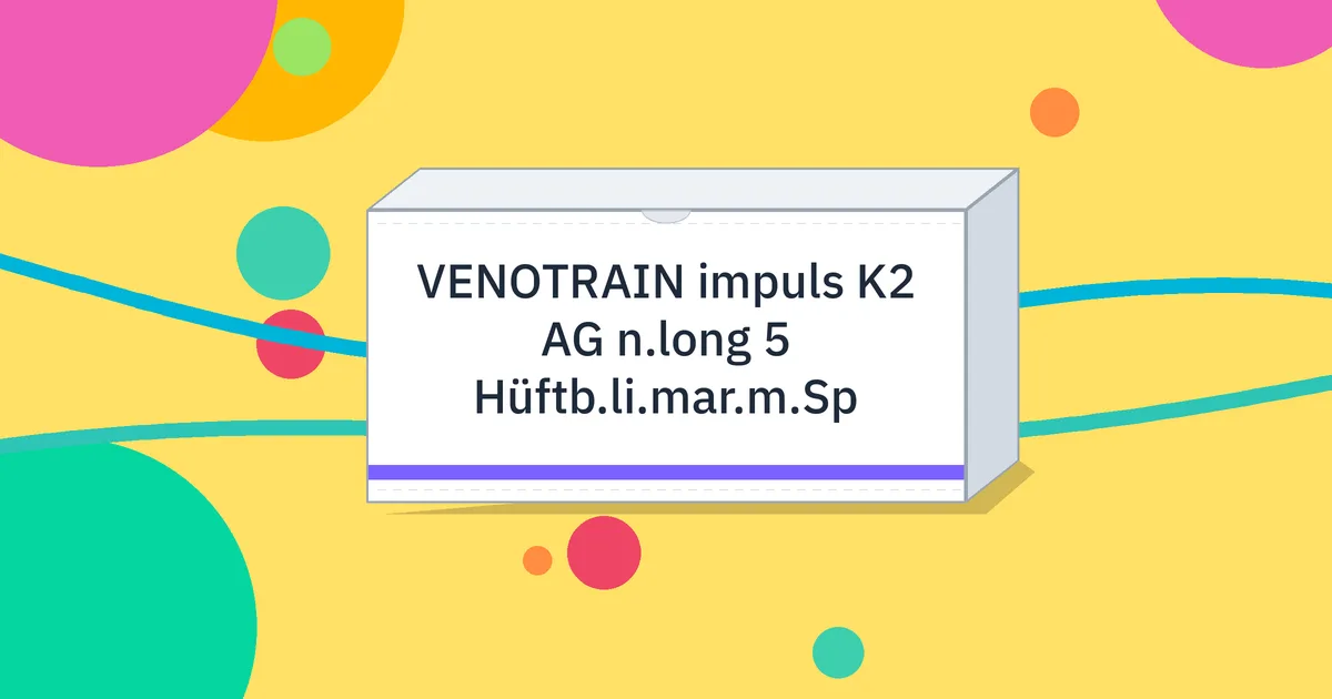 Symbolbild: Packung mit der Aufschrift VENOTRAIN impuls K2 AG n.long 5 Hüftb.li.mar.m.Sp (PZN 15218845) – Verfügbarkeit und Bezug in Apotheken in Frankfurt am Main