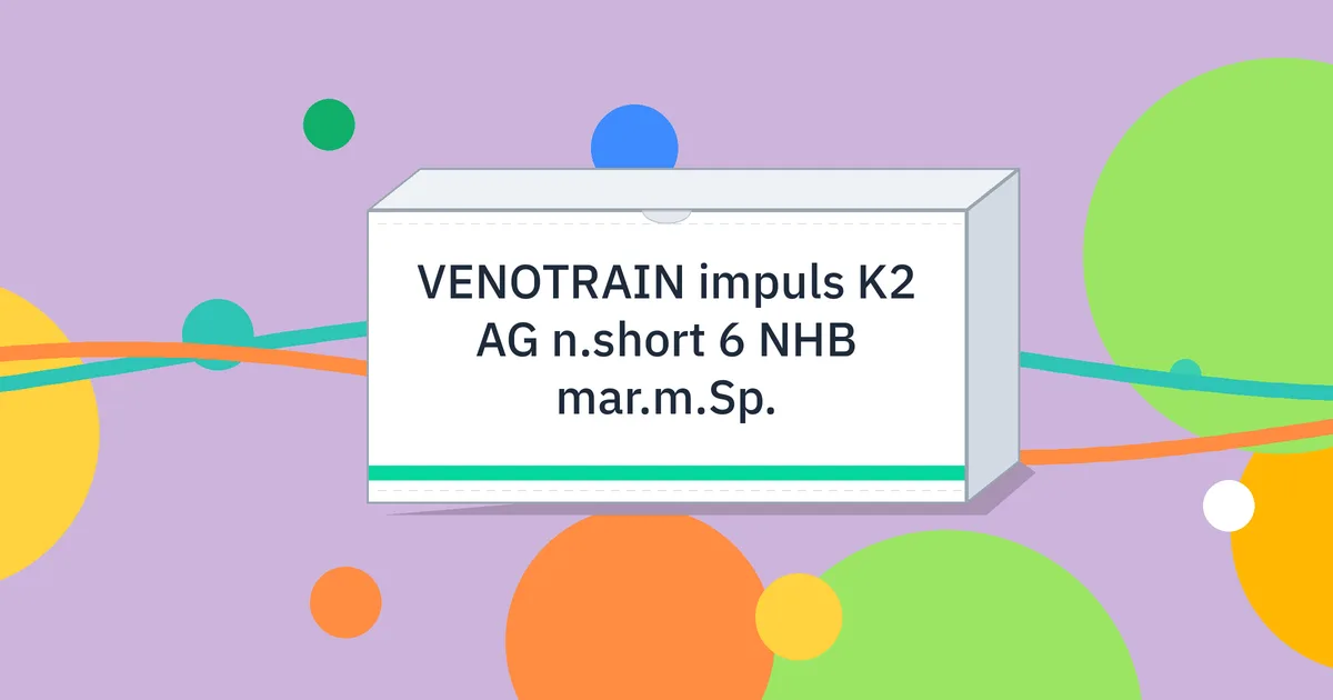 Symbolbild: Packung mit der Aufschrift VENOTRAIN impuls K2 AG n.short 6 NHB mar.m.Sp. (PZN 15214043) – Verfügbarkeit und Bezug in Apotheken in Frankfurt am Main