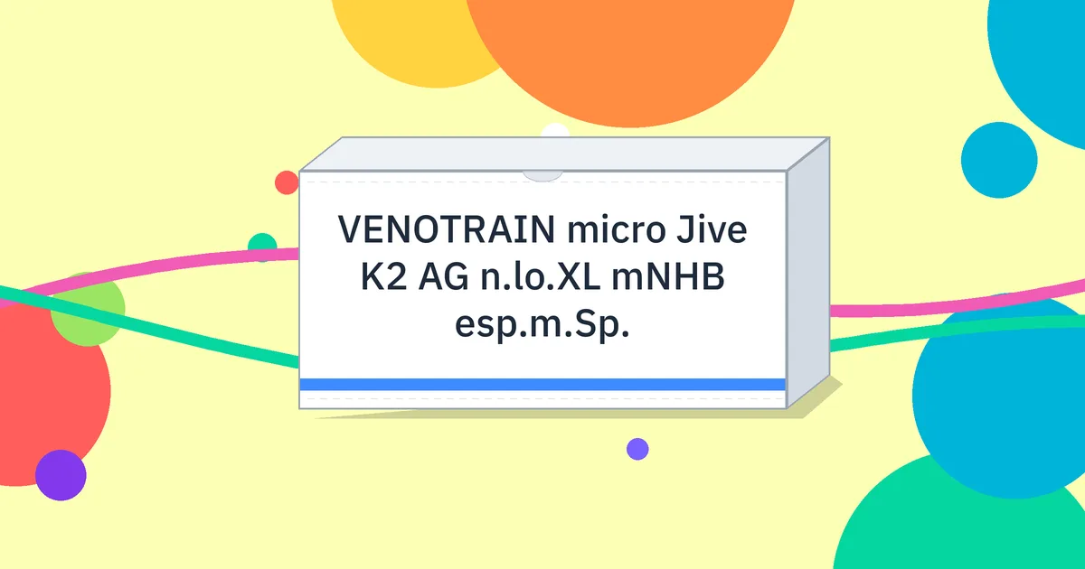 Symbolbild: Packung mit der Aufschrift VENOTRAIN micro Jive K2 AG n.lo.XL mNHB esp.m.Sp. (PZN 17760465) – Verfügbarkeit und Bezug in Apotheken in Frankfurt am Main
