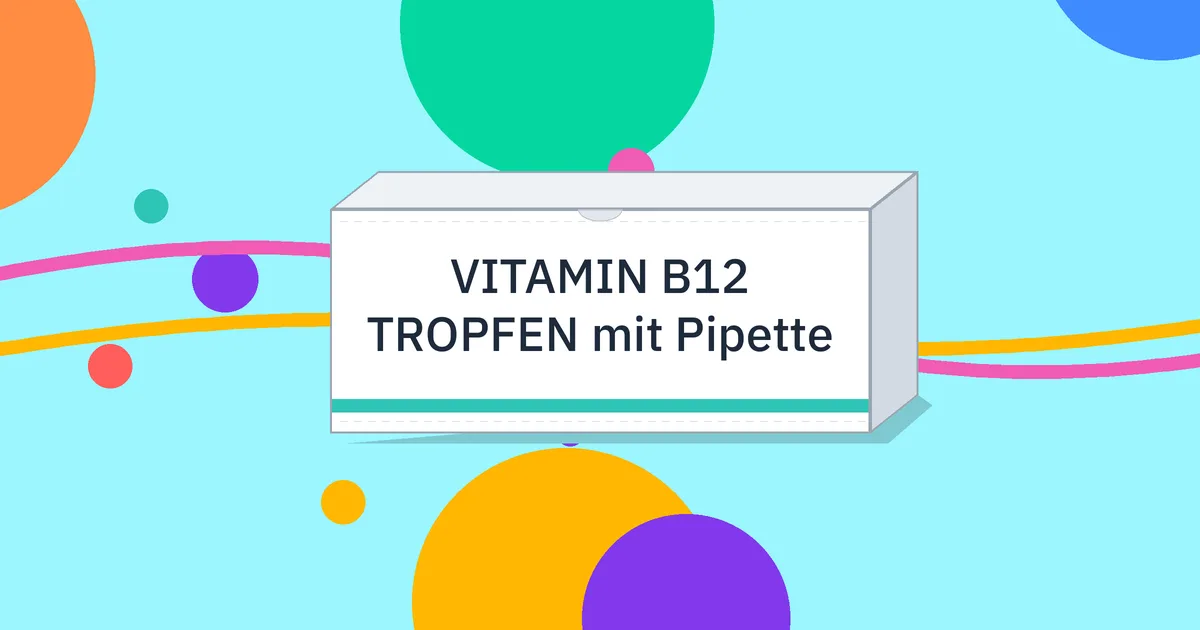 Symbolbild: Packung mit der Aufschrift VITAMIN B12 TROPFEN mit Pipette (PZN 15868537) – Verfügbarkeit und Bezug in Apotheken in Frankfurt am Main