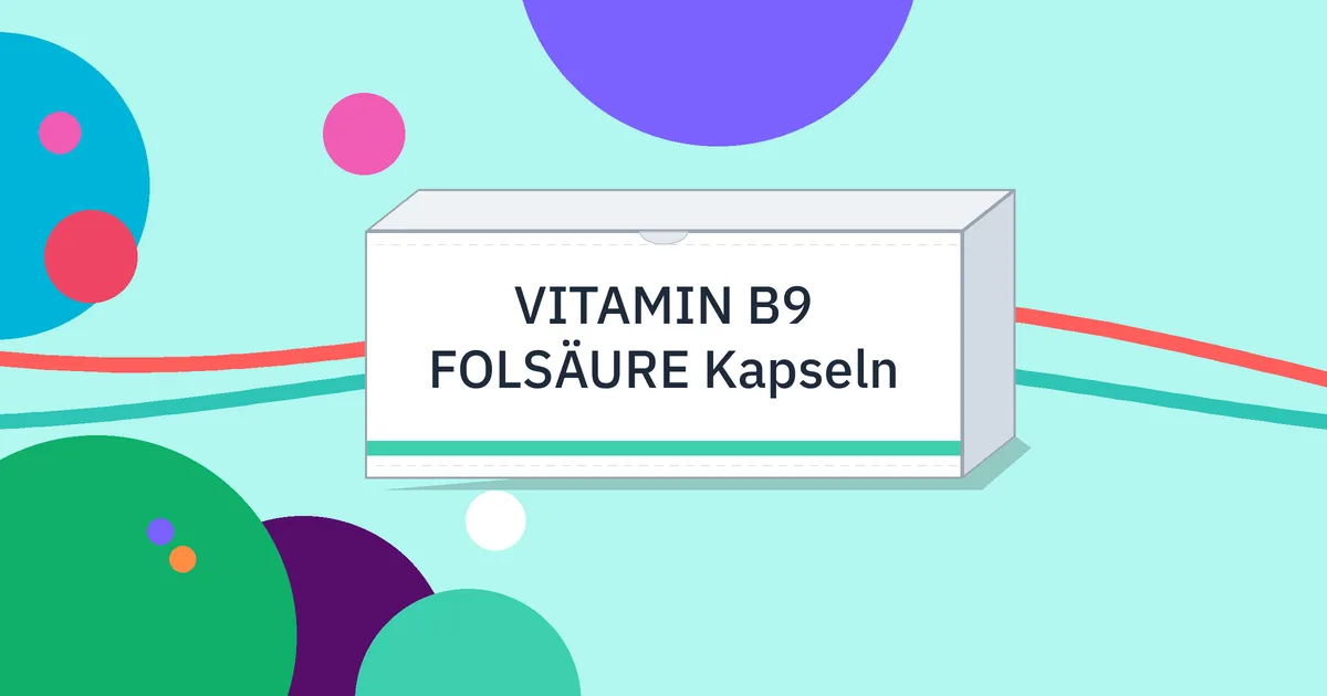 Symbolbild: Packung mit der Aufschrift VITAMIN B9 FOLSÄURE Kapseln (PZN 18779188) – Verfügbarkeit und Bezug in Apotheken in Frankfurt am Main