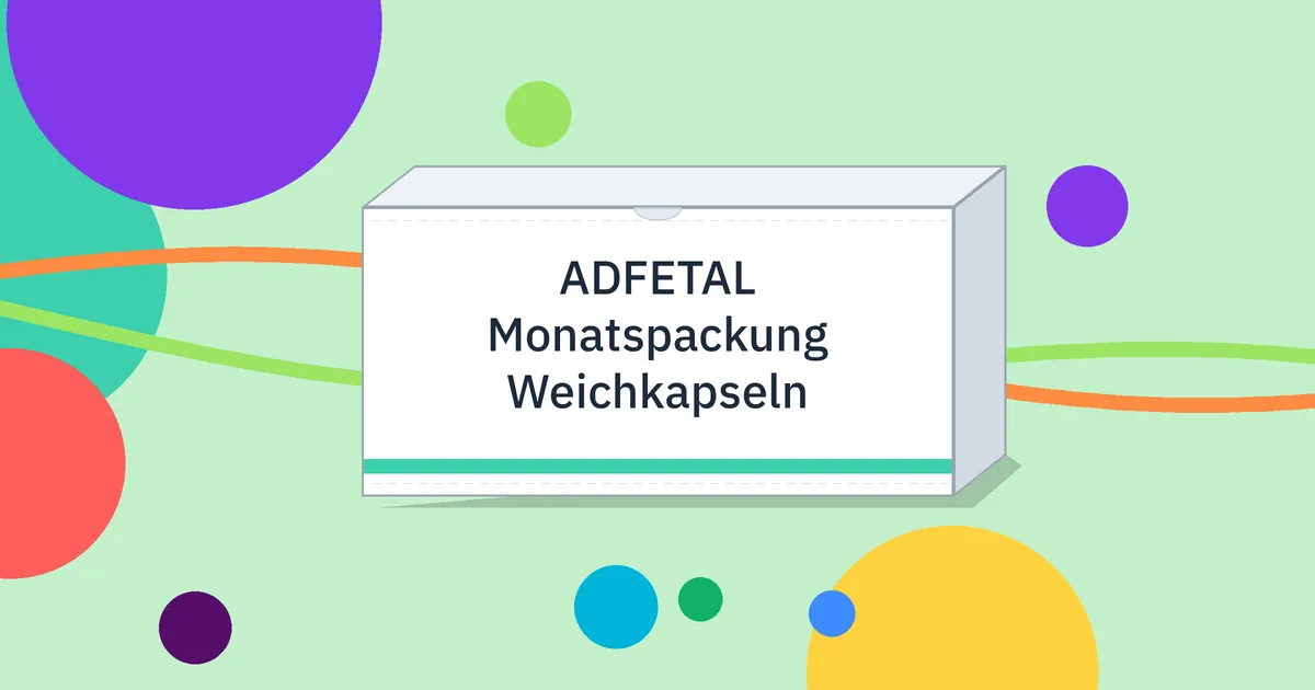 Symbolbild: Packung mit der Aufschrift ADFETAL Monatspackung Weichkapseln (PZN 09638537) – Verfügbarkeit und Bezug in Apotheken in Frankfurt am Main