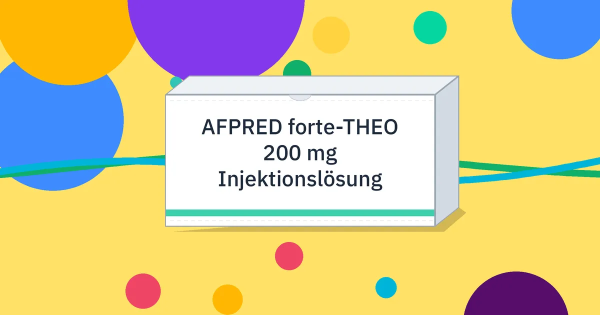 Symbolbild: Packung mit der Aufschrift AFPRED forte-THEO 200 mg Injektionslösung (PZN 14137642) – Verfügbarkeit und Bezug in Apotheken in Frankfurt am Main