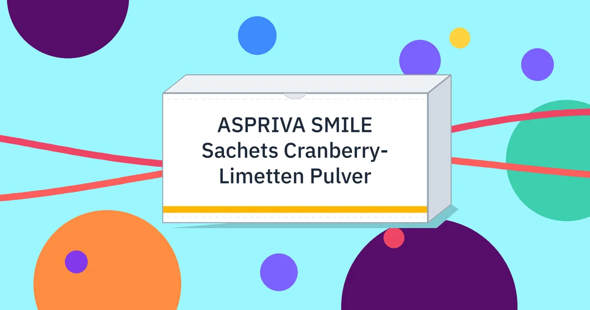 Symbolbild: Packung mit der Aufschrift ASPRIVA SMILE Sachets Cranberry-Limetten Pulver (PZN 19270251) – Verfügbarkeit und Bezug in Apotheken in Frankfurt am Main