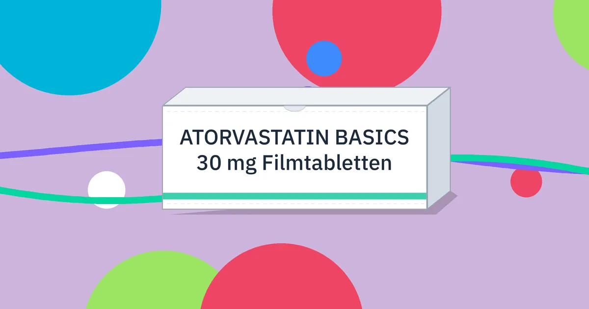 Symbolbild: Packung mit der Aufschrift ATORVASTATIN BASICS 30 mg Filmtabletten (PZN 11083934) – Verfügbarkeit und Bezug in Apotheken in Frankfurt am Main