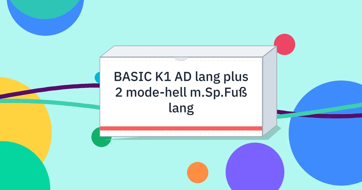 Symbolbild: Packung mit der Aufschrift BASIC K1 AD lang plus 2 mode-hell m.Sp.Fuß lang (PZN 20257528) – Verfügbarkeit und Bezug in Apotheken in Frankfurt am Main