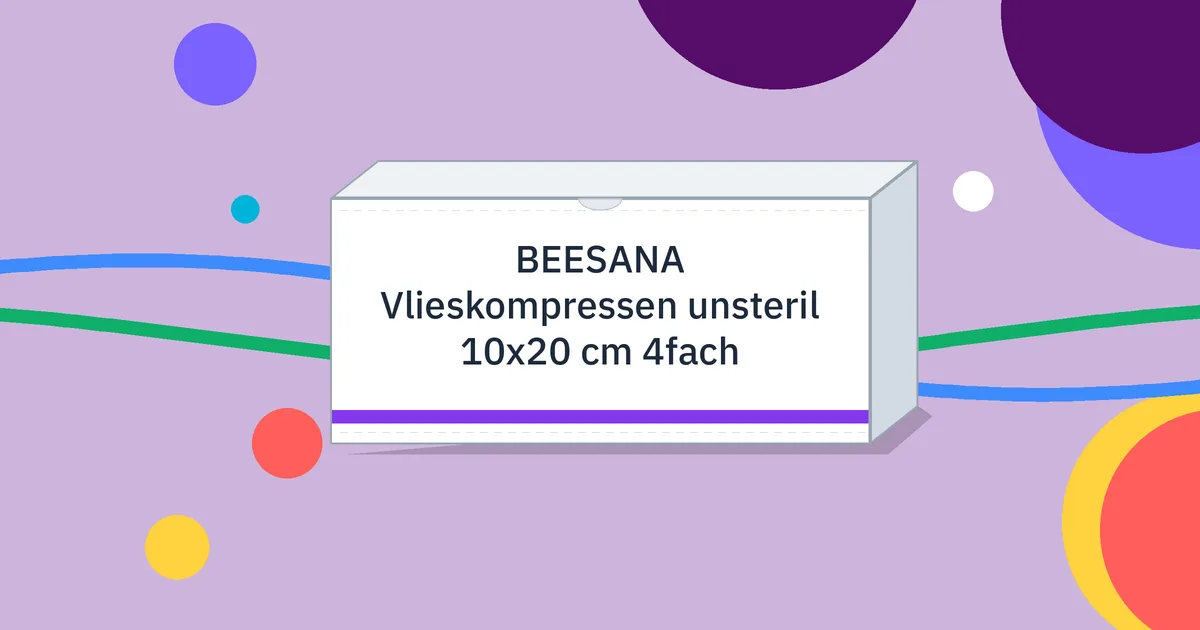 Symbolbild: Packung mit der Aufschrift BEESANA Vlieskompressen unsteril 10x20 cm 4fach (PZN 14199442) – Verfügbarkeit und Bezug in Apotheken in Frankfurt am Main