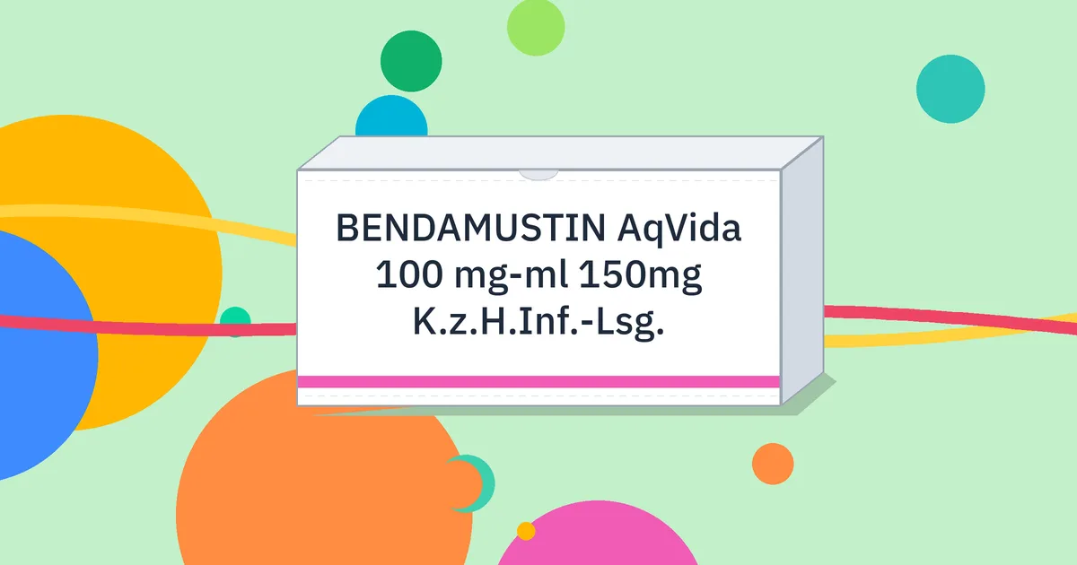 Symbolbild: Packung mit der Aufschrift BENDAMUSTIN AqVida 100 mg-ml 150mg K.z.H.Inf.-Lsg. (PZN 18822033) – Verfügbarkeit und Bezug in Apotheken in Frankfurt am Main
