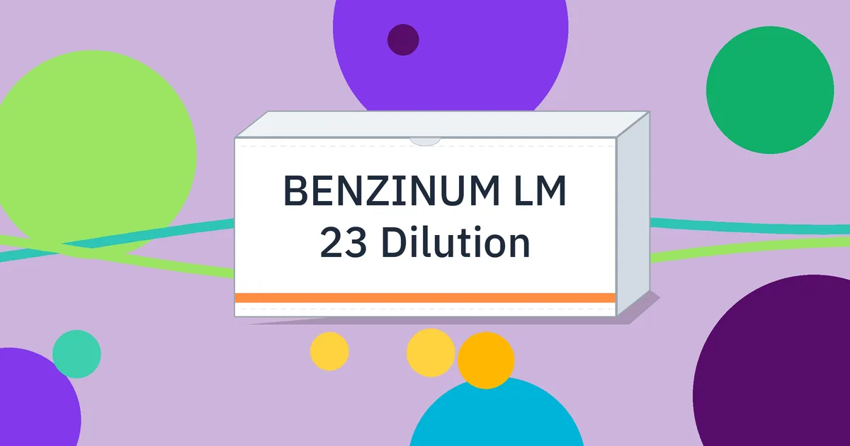 Symbolbild: Packung mit der Aufschrift BENZINUM LM 23 Dilution (PZN 12792130) – Verfügbarkeit und Bezug in Apotheken in Frankfurt am Main