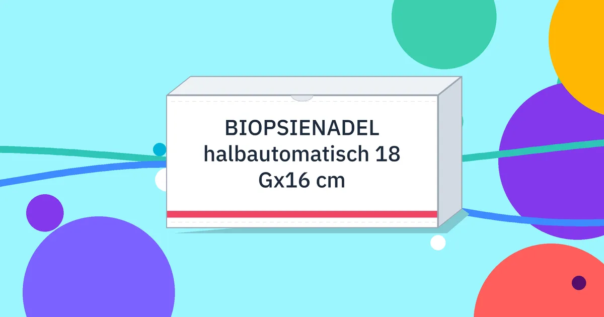 Symbolbild: Packung mit der Aufschrift BIOPSIENADEL halbautomatisch 18 Gx16 cm (PZN 19529401) – Verfügbarkeit und Bezug in Apotheken in Frankfurt am Main