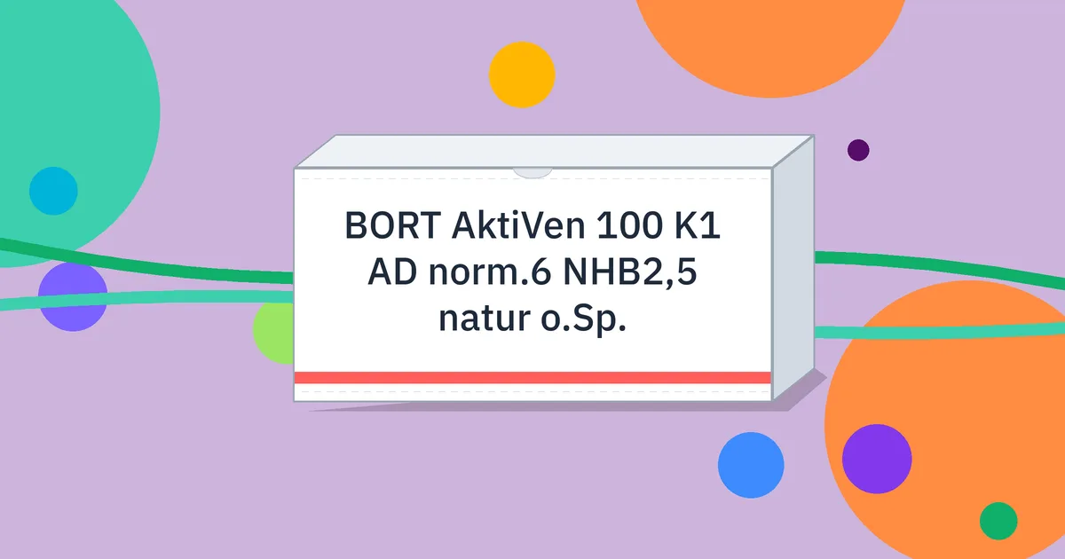 Symbolbild: Packung mit der Aufschrift BORT AktiVen 100 K1 AD norm.6 NHB2,5 natur o.Sp. (PZN 17498286) – Verfügbarkeit und Bezug in Apotheken in Frankfurt am Main