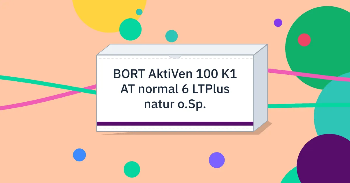 Symbolbild: Packung mit der Aufschrift BORT AktiVen 100 K1 AT normal 6 LTPlus natur o.Sp. (PZN 18175409) – Verfügbarkeit und Bezug in Apotheken in Frankfurt am Main