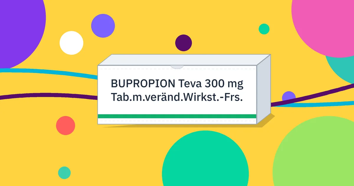 Symbolbild: Packung mit der Aufschrift BUPROPION Teva 300 mg Tab.m.veränd.Wirkst.-Frs. (PZN 18758335) – Verfügbarkeit und Bezug in Apotheken in Frankfurt am Main