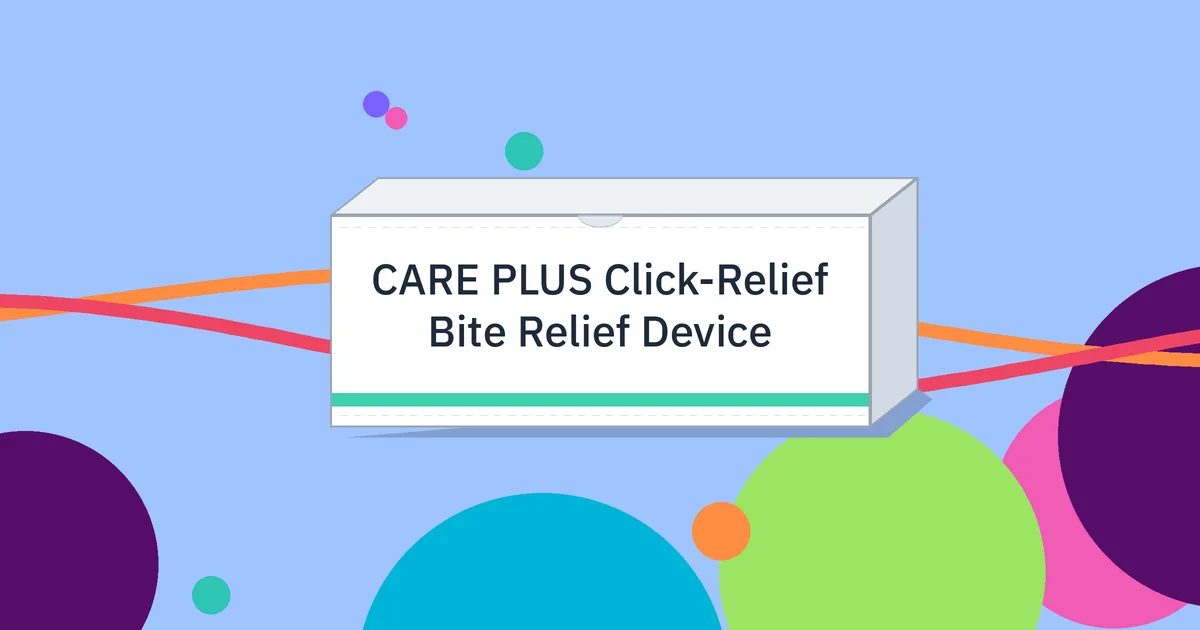 Symbolbild: Packung mit der Aufschrift CARE PLUS Click-Relief Bite Relief Device (PZN 17582673) – Verfügbarkeit und Bezug in Apotheken in Frankfurt am Main