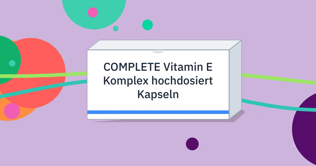 Symbolbild: Packung mit der Aufschrift COMPLETE Vitamin E Komplex hochdosiert Kapseln (PZN 18600930) – Verfügbarkeit und Bezug in Apotheken in Frankfurt am Main