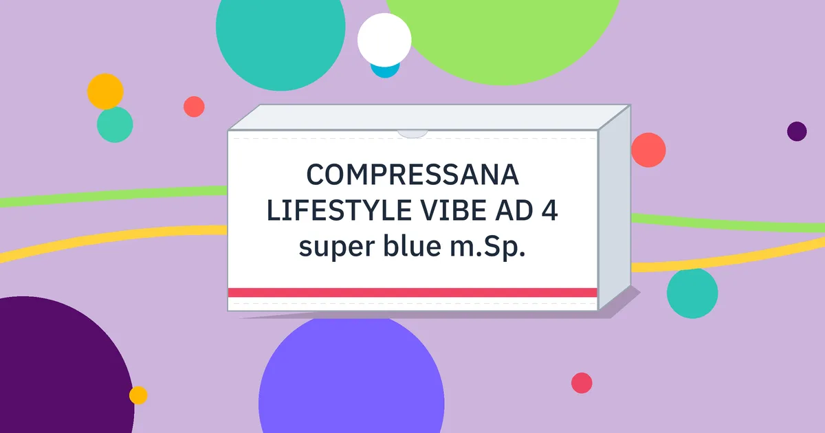 Symbolbild: Packung mit der Aufschrift COMPRESSANA LIFESTYLE VIBE AD 4 super blue m.Sp. (PZN 19151799) – Verfügbarkeit und Bezug in Apotheken in Frankfurt am Main