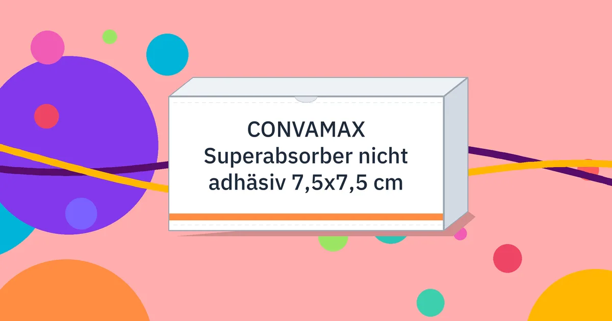 Symbolbild: Packung mit der Aufschrift CONVAMAX Superabsorber nicht adhäsiv 7,5x7,5 cm (PZN 17859465) – Verfügbarkeit und Bezug in Apotheken in Frankfurt am Main