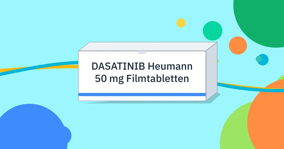 Symbolbild: Packung mit der Aufschrift DASATINIB Heumann 50 mg Filmtabletten (PZN 18066896) – Verfügbarkeit und Bezug in Apotheken in Frankfurt am Main