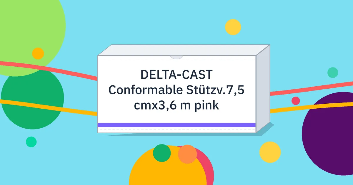 Symbolbild: Packung mit der Aufschrift DELTA-CAST Conformable Stützv.7,5 cmx3,6 m pink (PZN 04590889) – Verfügbarkeit und Bezug in Apotheken in Frankfurt am Main