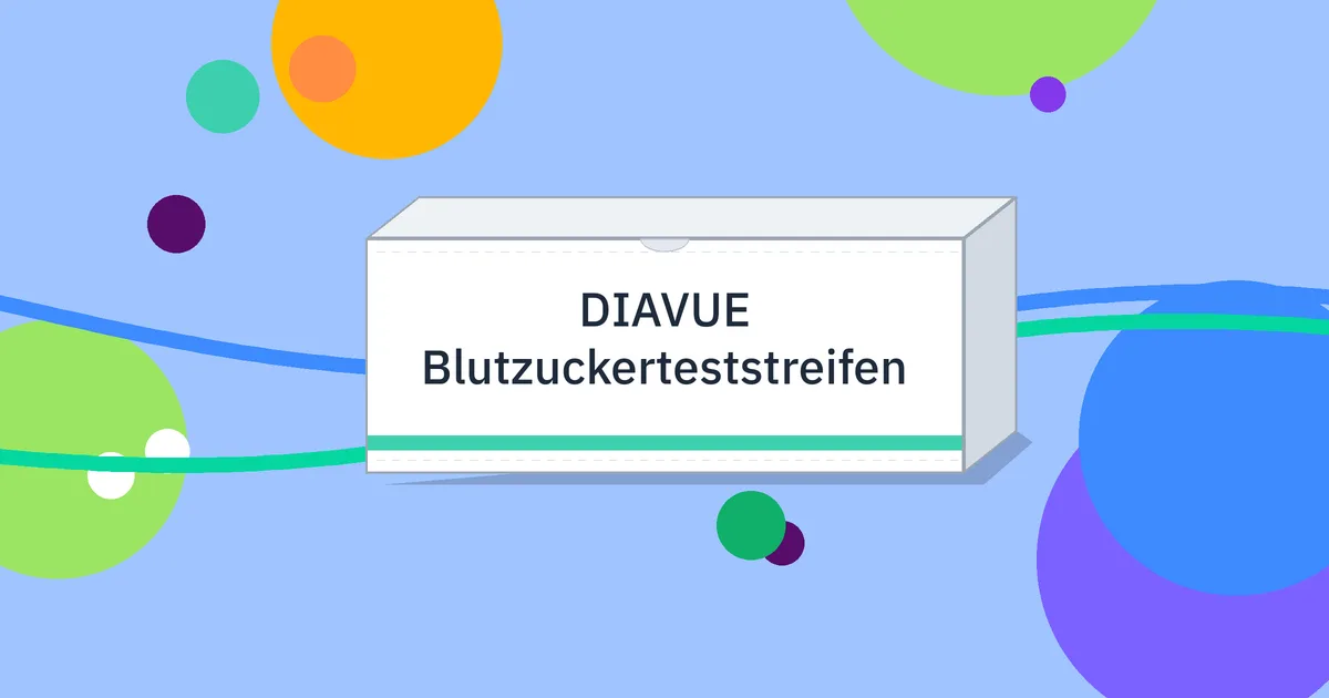 Symbolbild: Packung mit der Aufschrift DIAVUE Blutzuckerteststreifen (PZN 20057143) – Verfügbarkeit und Bezug in Apotheken in Frankfurt am Main