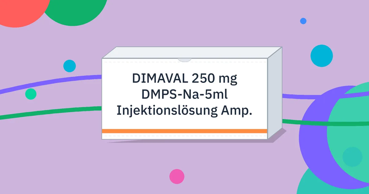 Symbolbild: Packung mit der Aufschrift DIMAVAL 250 mg DMPS-Na-5ml Injektionslösung Amp. (PZN 01686353) – Verfügbarkeit und Bezug in Apotheken in Frankfurt am Main