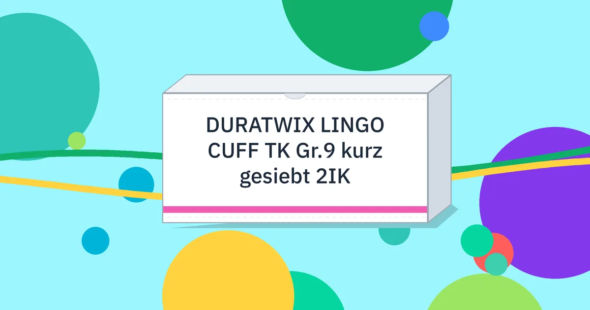 Symbolbild: Packung mit der Aufschrift DURATWIX LINGO CUFF TK Gr.9 kurz gesiebt 2IK (PZN 06967915) – Verfügbarkeit und Bezug in Apotheken in Frankfurt am Main