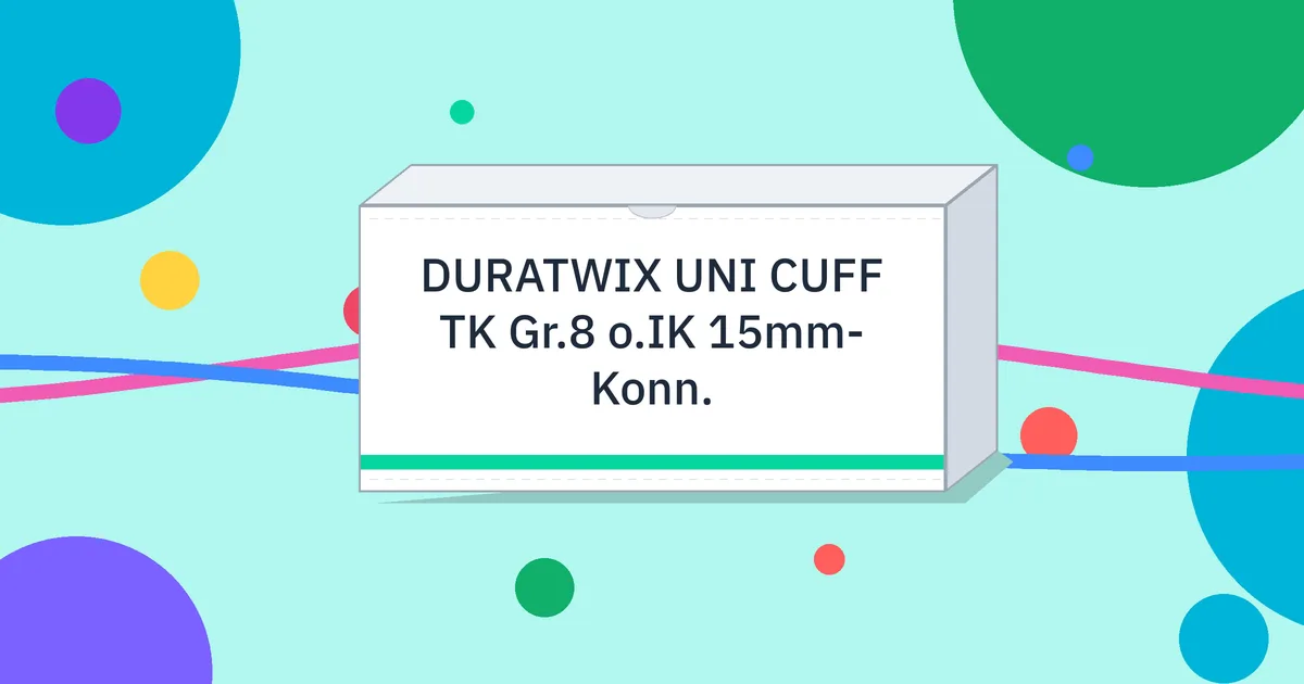 Symbolbild: Packung mit der Aufschrift DURATWIX UNI CUFF TK Gr.8 o.IK 15mm-Konn. (PZN 06963395) – Verfügbarkeit und Bezug in Apotheken in Frankfurt am Main
