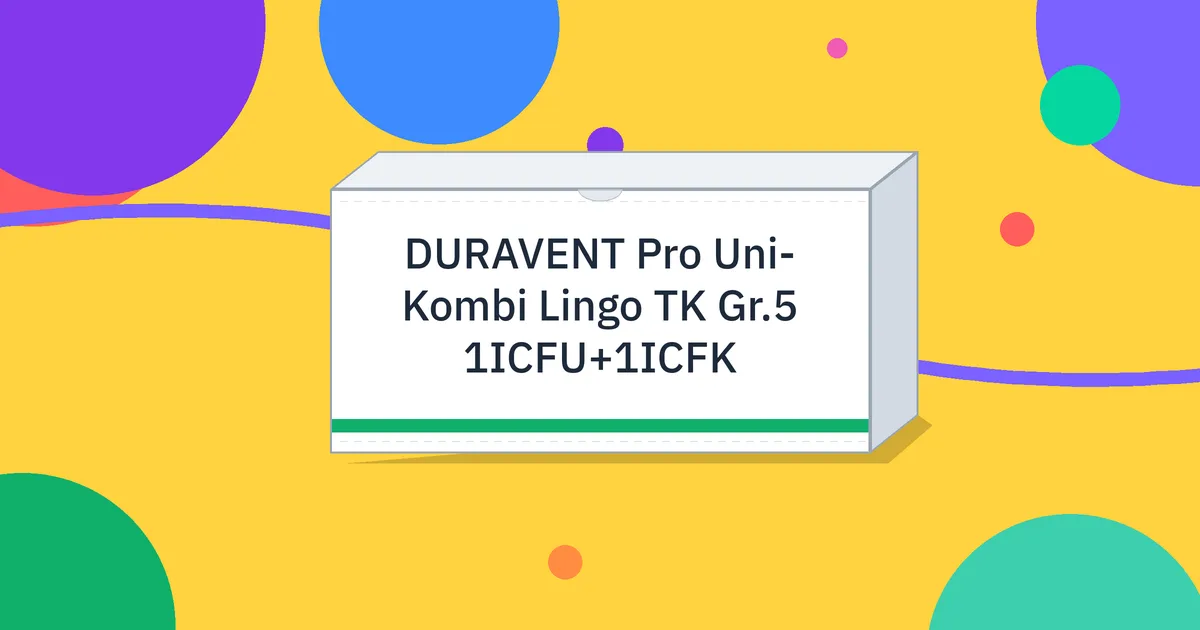 Symbolbild: Packung mit der Aufschrift DURAVENT Pro Uni-Kombi Lingo TK Gr.5 1ICFU+1ICFK (PZN 19242562) – Verfügbarkeit und Bezug in Apotheken in Frankfurt am Main