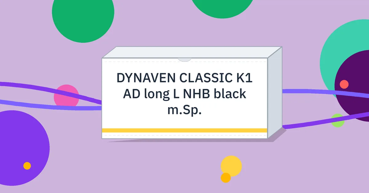 Symbolbild: Packung mit der Aufschrift DYNAVEN CLASSIC K1 AD long L NHB black m.Sp. (PZN 18415084) – Verfügbarkeit und Bezug in Apotheken in Frankfurt am Main