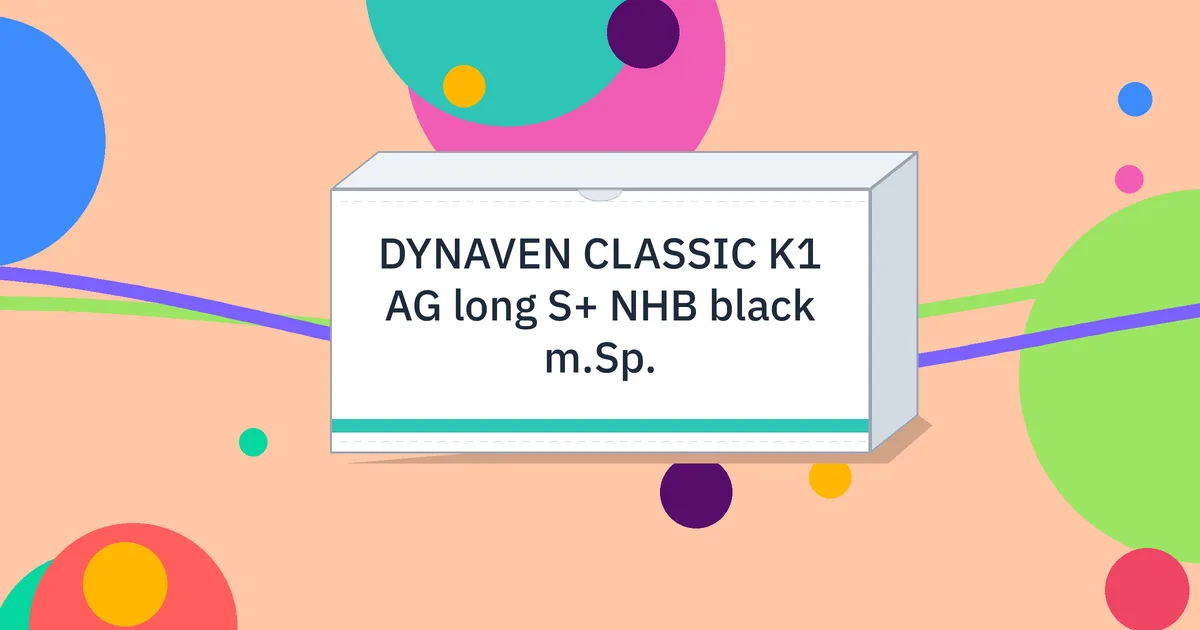 Symbolbild: Packung mit der Aufschrift DYNAVEN CLASSIC K1 AG long S+ NHB black m.Sp. (PZN 18415693) – Verfügbarkeit und Bezug in Apotheken in Frankfurt am Main