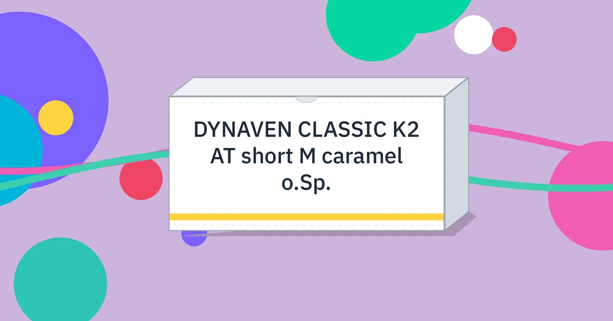 Symbolbild: Packung mit der Aufschrift DYNAVEN CLASSIC K2 AT short M caramel o.Sp. (PZN 18419001) – Verfügbarkeit und Bezug in Apotheken in Frankfurt am Main