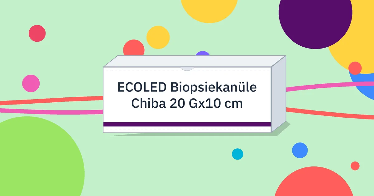 Symbolbild: Packung mit der Aufschrift ECOLED Biopsiekanüle Chiba 20 Gx10 cm (PZN 06125702) – Verfügbarkeit und Bezug in Apotheken in Frankfurt am Main