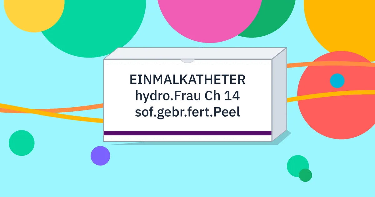 Symbolbild: Packung mit der Aufschrift EINMALKATHETER hydro.Frau Ch 14 sof.gebr.fert.Peel (PZN 14136967) – Verfügbarkeit und Bezug in Apotheken in Frankfurt am Main