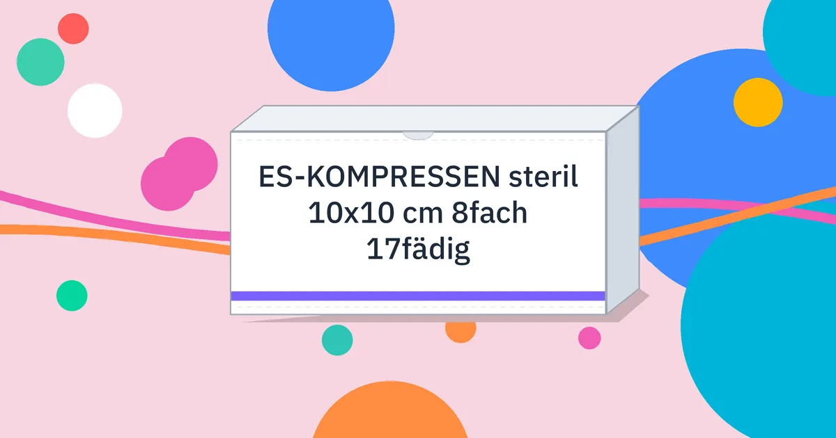Symbolbild: Packung mit der Aufschrift ES-KOMPRESSEN steril 10x10 cm 8fach 17fädig (PZN 16875901) – Verfügbarkeit und Bezug in Apotheken in Frankfurt am Main