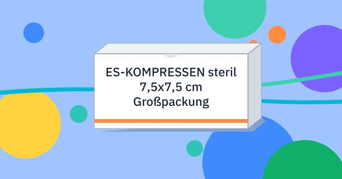Symbolbild: Packung mit der Aufschrift ES-KOMPRESSEN steril 7,5x7,5 cm Großpackung (PZN 18715515) – Verfügbarkeit und Bezug in Apotheken in Frankfurt am Main