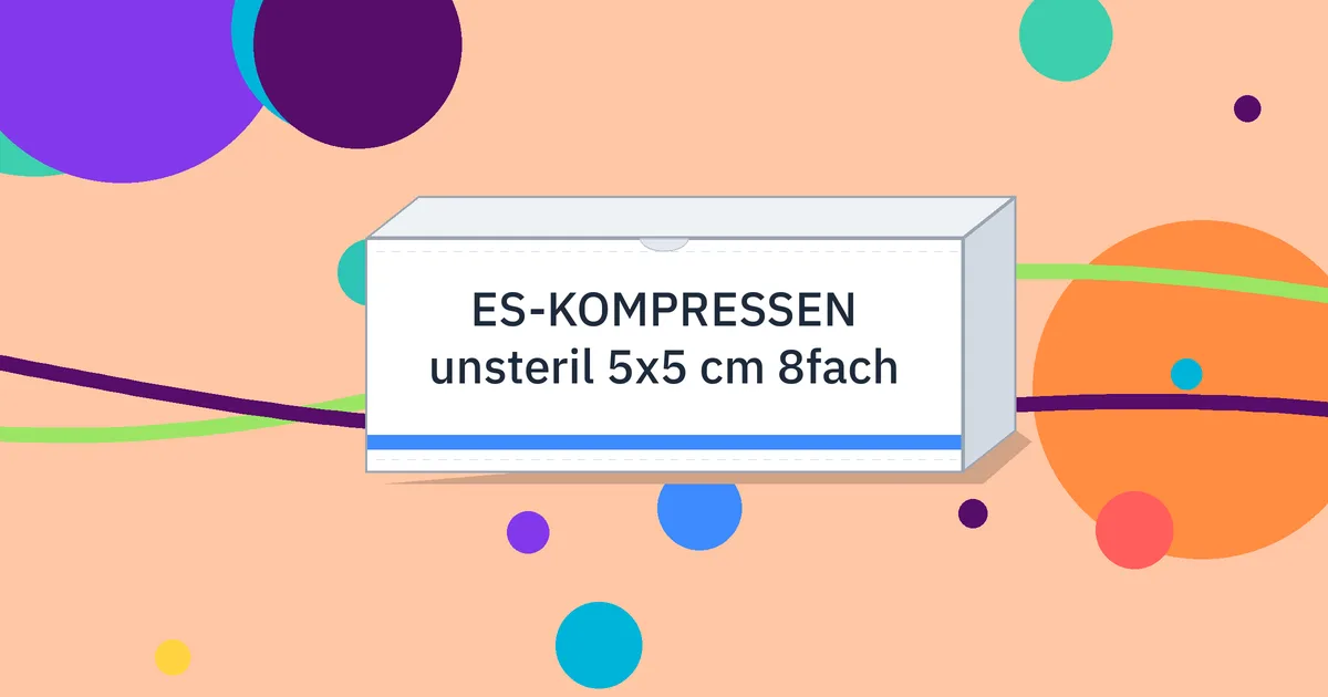 Symbolbild: Packung mit der Aufschrift ES-KOMPRESSEN unsteril 5x5 cm 8fach (PZN 13652974) – Verfügbarkeit und Bezug in Apotheken in Frankfurt am Main