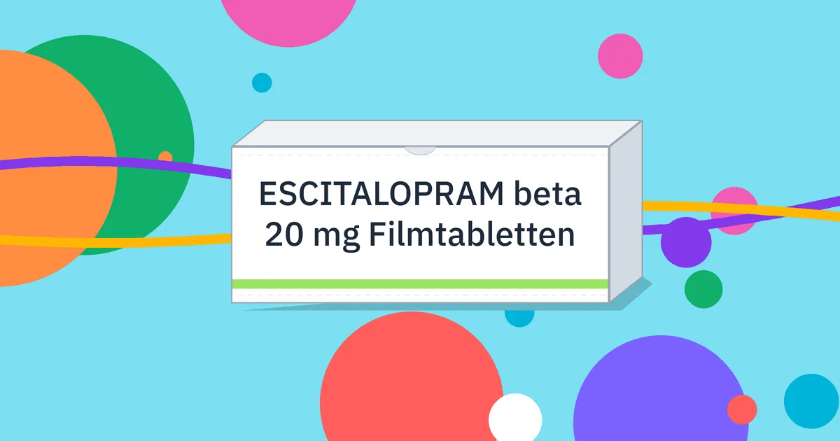 Symbolbild: Packung mit der Aufschrift ESCITALOPRAM beta 20 mg Filmtabletten (PZN 06681745) – Verfügbarkeit und Bezug in Apotheken in Frankfurt am Main