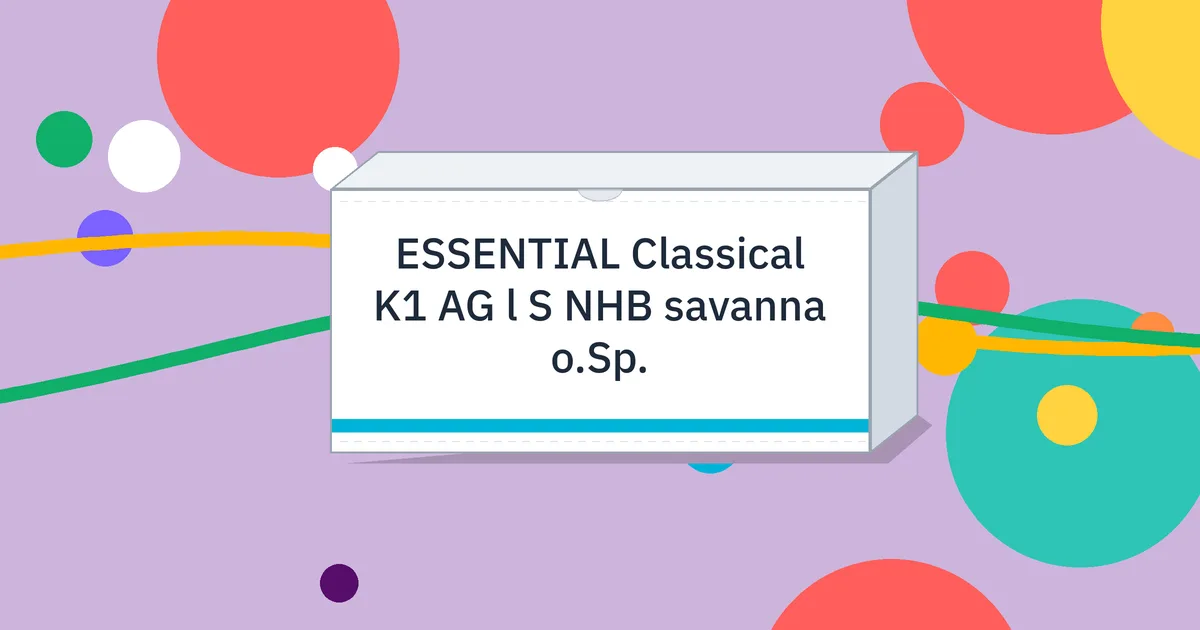 Symbolbild: Packung mit der Aufschrift ESSENTIAL Classical K1 AG l S NHB savanna o.Sp. (PZN 19307965) – Verfügbarkeit und Bezug in Apotheken in Frankfurt am Main