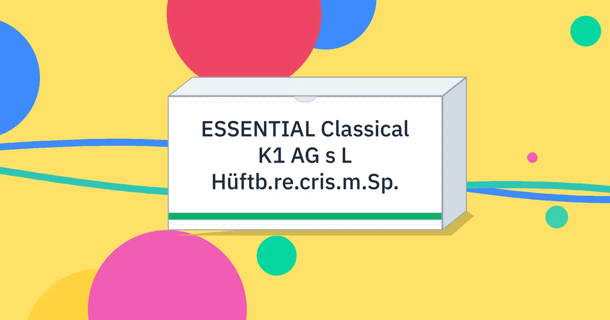 Symbolbild: Packung mit der Aufschrift ESSENTIAL Classical K1 AG s L Hüftb.re.cris.m.Sp. (PZN 17012438) – Verfügbarkeit und Bezug in Apotheken in Frankfurt am Main