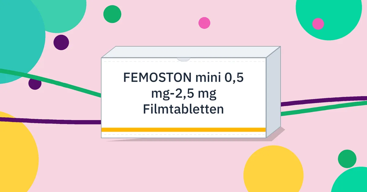 Symbolbild: Packung mit der Aufschrift FEMOSTON mini 0,5 mg-2,5 mg Filmtabletten (PZN 06901750) – Verfügbarkeit und Bezug in Apotheken in Frankfurt am Main