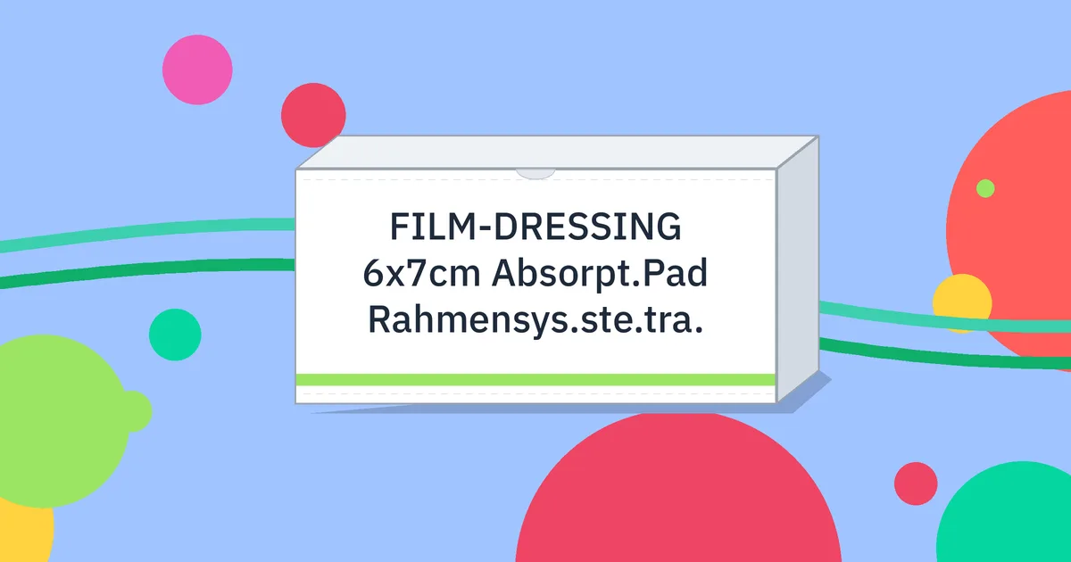 Symbolbild: Packung mit der Aufschrift FILM-DRESSING 6x7cm Absorpt.Pad Rahmensys.ste.tra. (PZN 19509019) – Verfügbarkeit und Bezug in Apotheken in Frankfurt am Main