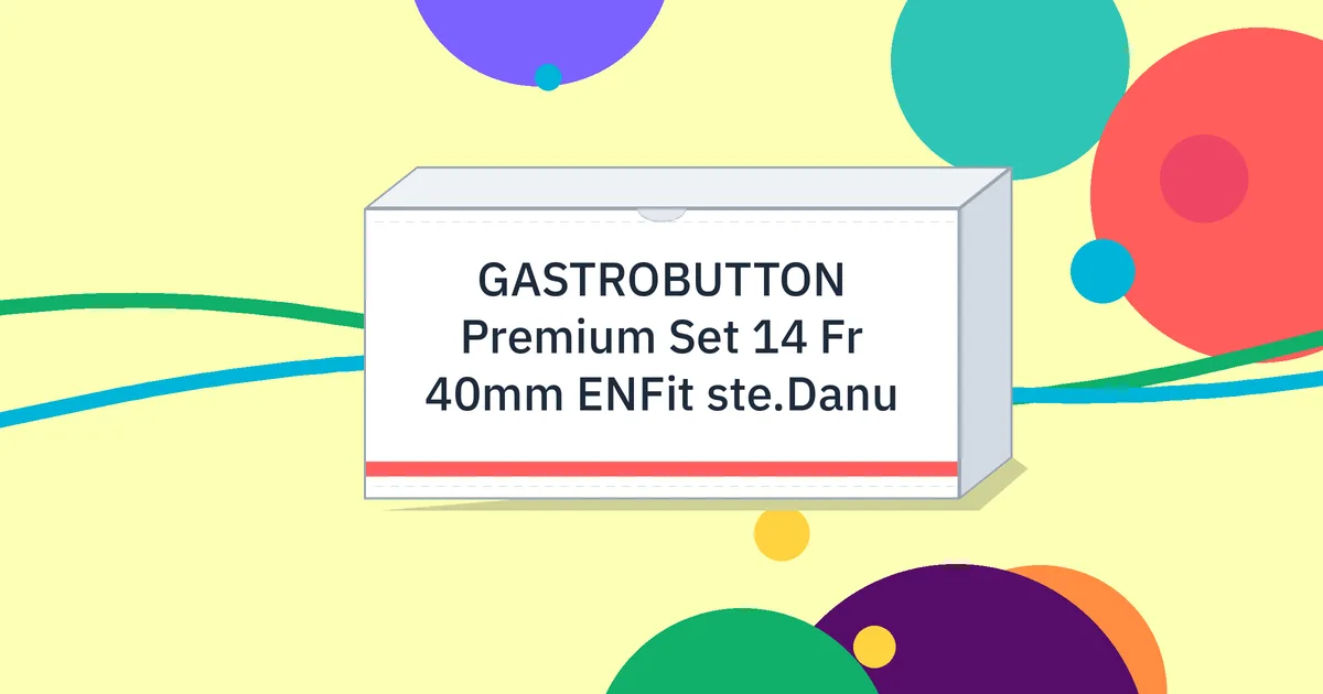 Symbolbild: Packung mit der Aufschrift GASTROBUTTON Premium Set 14 Fr 40mm ENFit ste.Danu (PZN 16883510) – Verfügbarkeit und Bezug in Apotheken in Frankfurt am Main