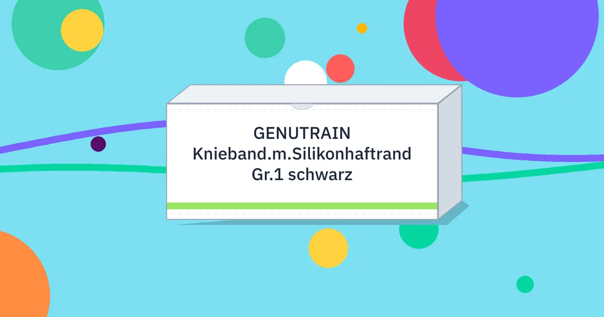 Symbolbild: Packung mit der Aufschrift GENUTRAIN Knieband.m.Silikonhaftrand Gr.1 schwarz (PZN 10213056) – Verfügbarkeit und Bezug in Apotheken in Frankfurt am Main