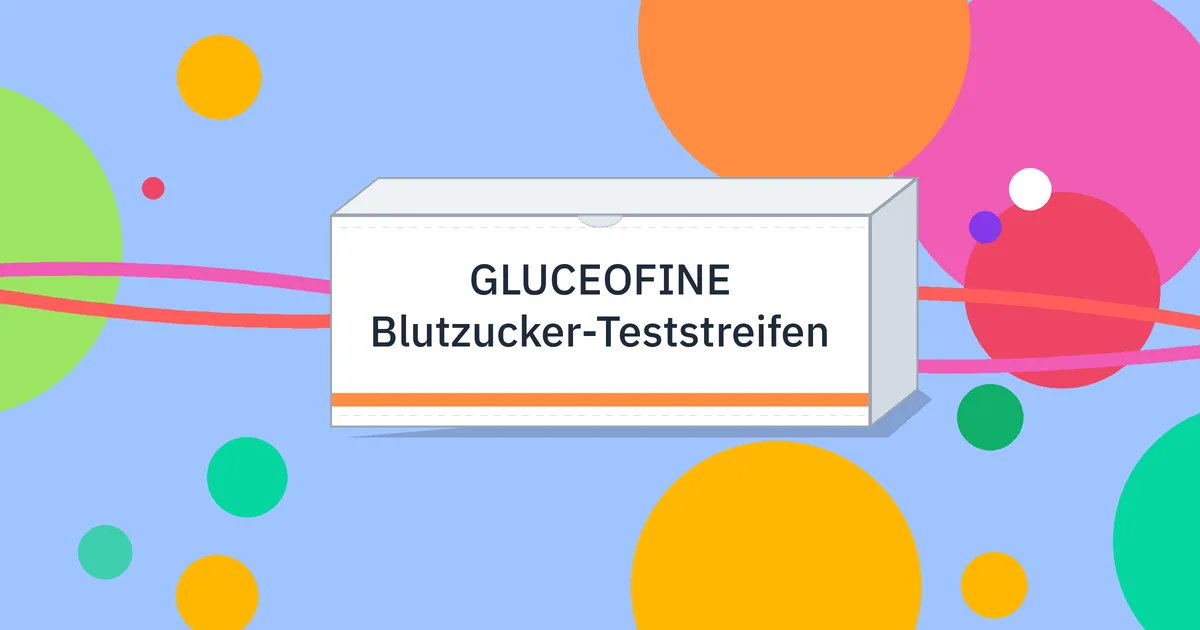 Symbolbild: Packung mit der Aufschrift GLUCEOFINE Blutzucker-Teststreifen (PZN 20066142) – Verfügbarkeit und Bezug in Apotheken in Frankfurt am Main
