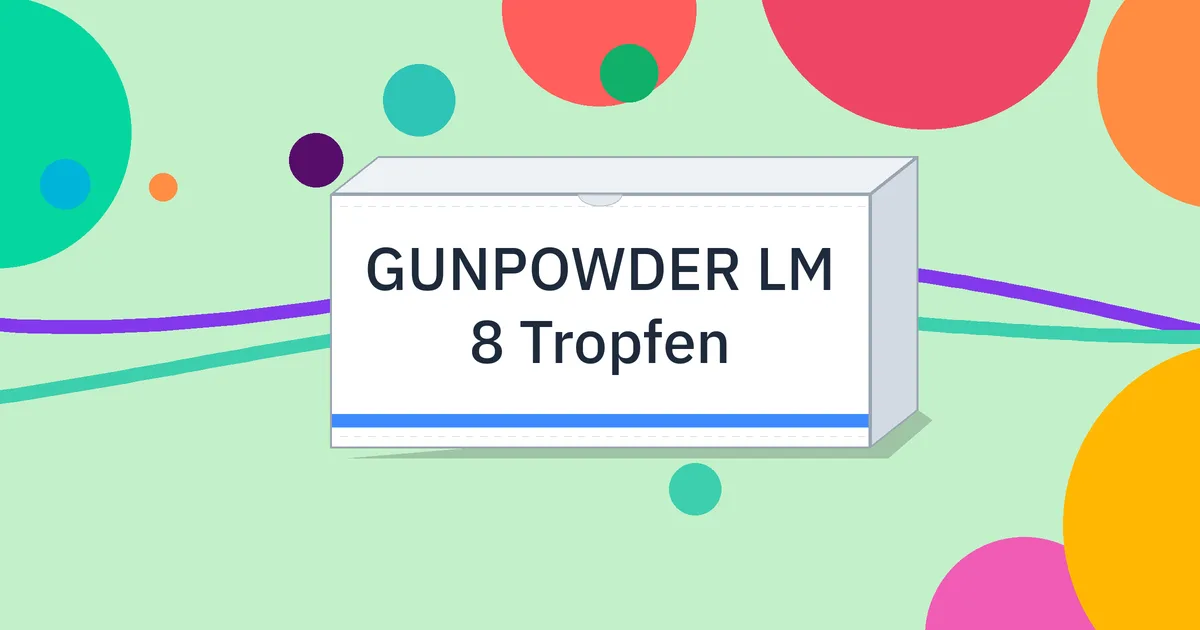 Symbolbild: Packung mit der Aufschrift GUNPOWDER LM 8 Tropfen (PZN 15823575) – Verfügbarkeit und Bezug in Apotheken in Frankfurt am Main