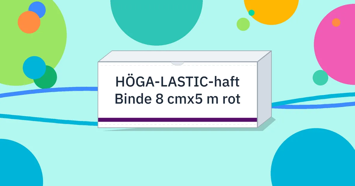 Symbolbild: Packung mit der Aufschrift HÖGA-LASTIC-haft Binde 8 cmx5 m rot (PZN 07291667) – Verfügbarkeit und Bezug in Apotheken in Frankfurt am Main